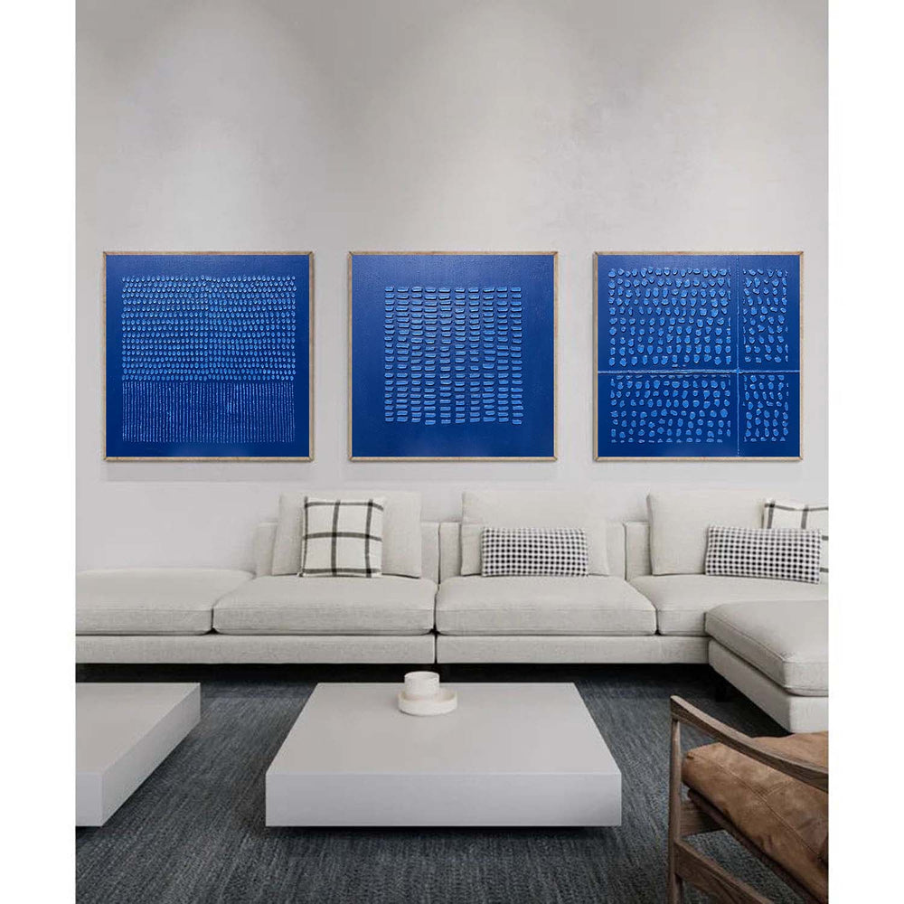 Wall Art Indigo Textured Triptych Oil Painting Geometric Canvas Texture ...