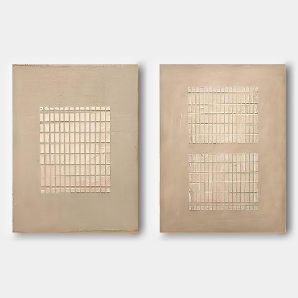 Neutral Tone Grid Texture Diptych Abstract Painting Minimalist Modern ...