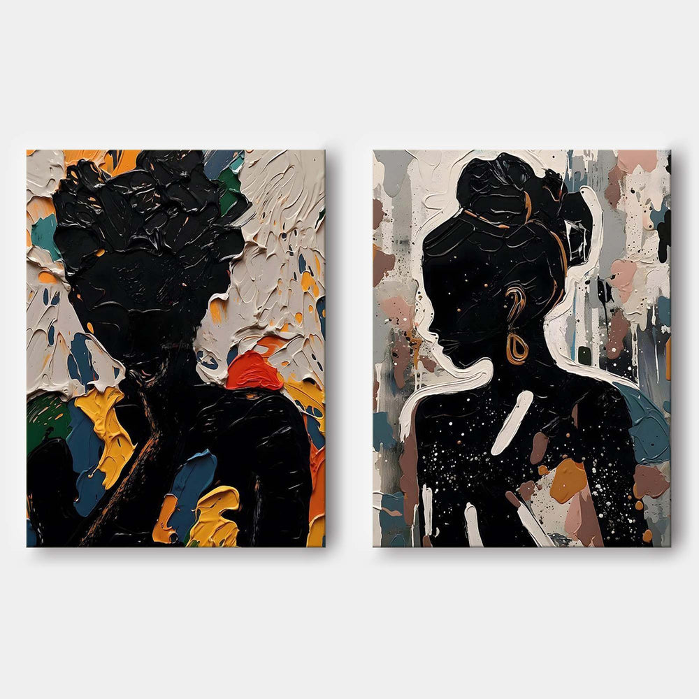 Black Silhouette Portrait Diptych Oil Painting Impasto Texture Wall ...