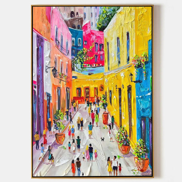 Vibrant Mediterranean Street Painting Impasto Textured Town Wall Art ...