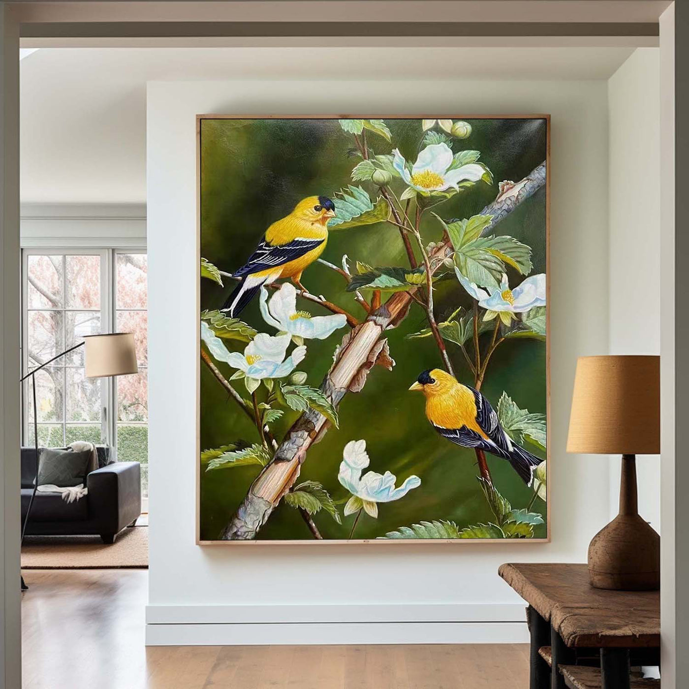 Realistic Goldfinch Bird Painting Floral Wildlife Modern Wall Art ...