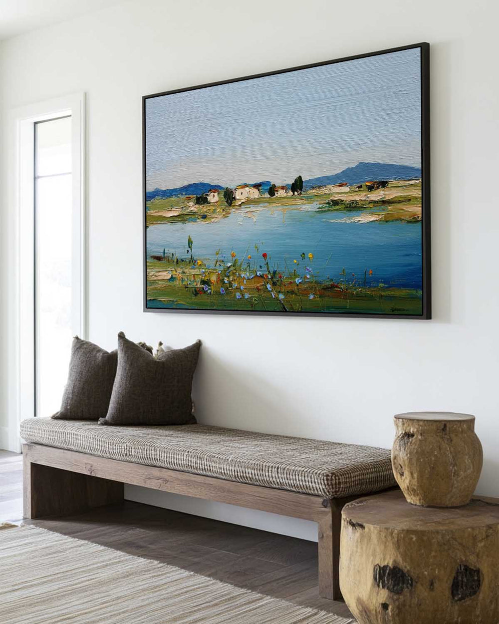 Mediterranean Lakeside Village Oil Painting Wildflower Landscape Wall ...