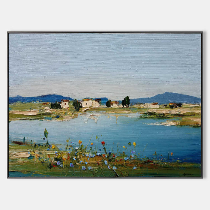 Mediterranean Lakeside Village Oil Painting Wildflower Landscape Wall ...