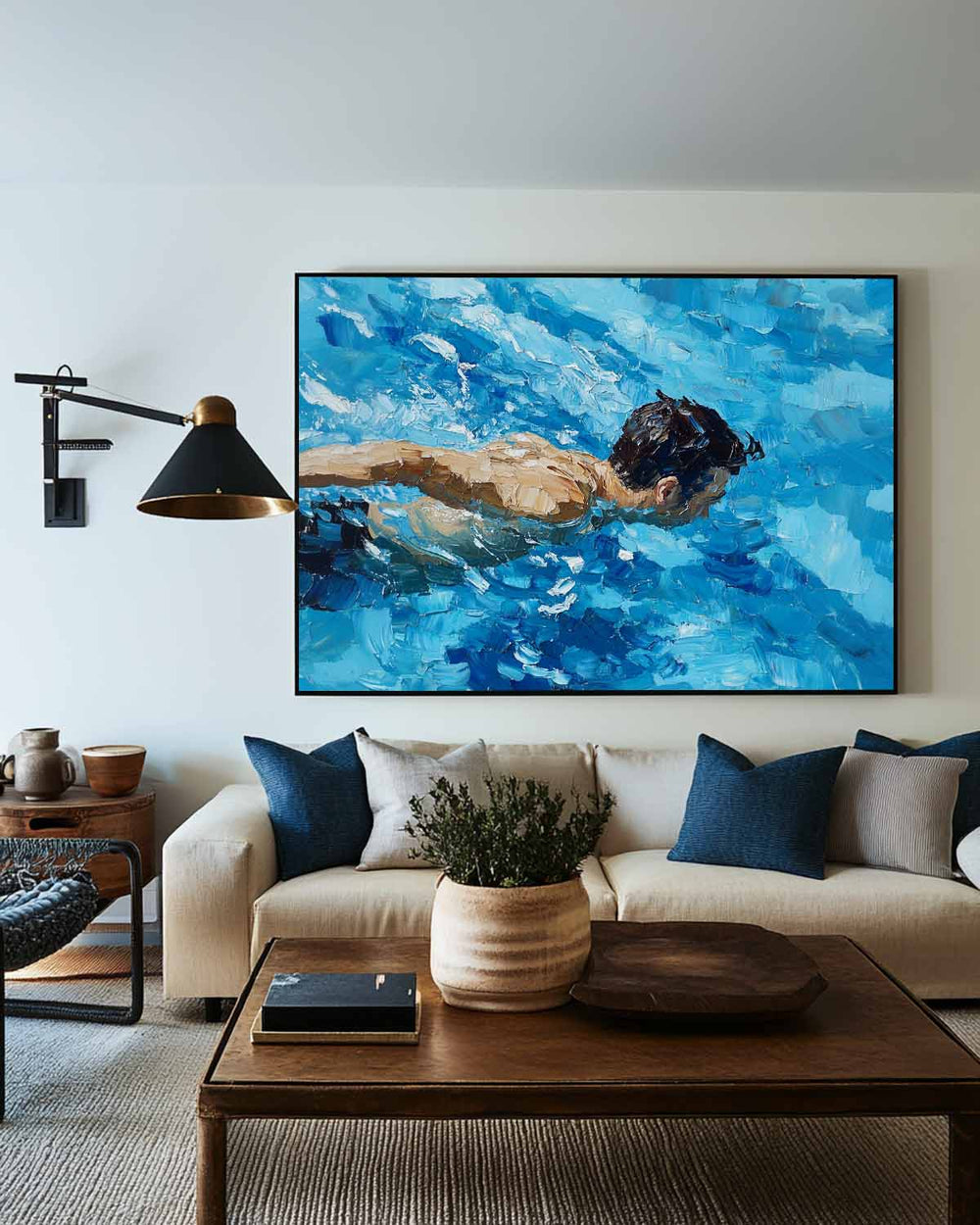 Impasto Swimmer in Vibrant Blue Pool Dynamic Oil Painting Wall Decor ...