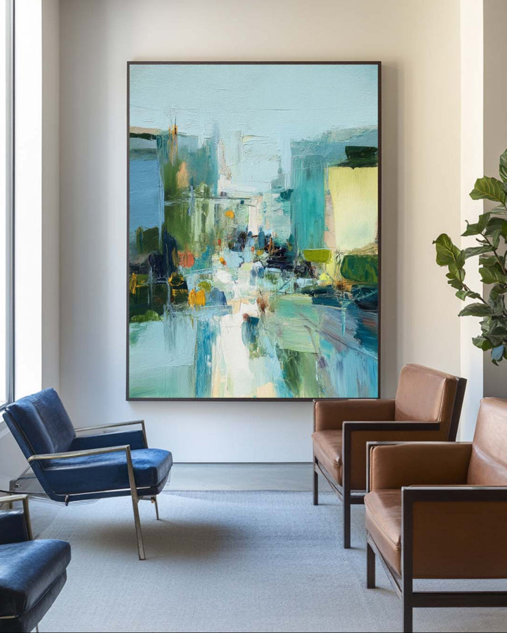 Abstract Impasto Cityscape Painting Turquoise Blue Green Yellow Urban ...