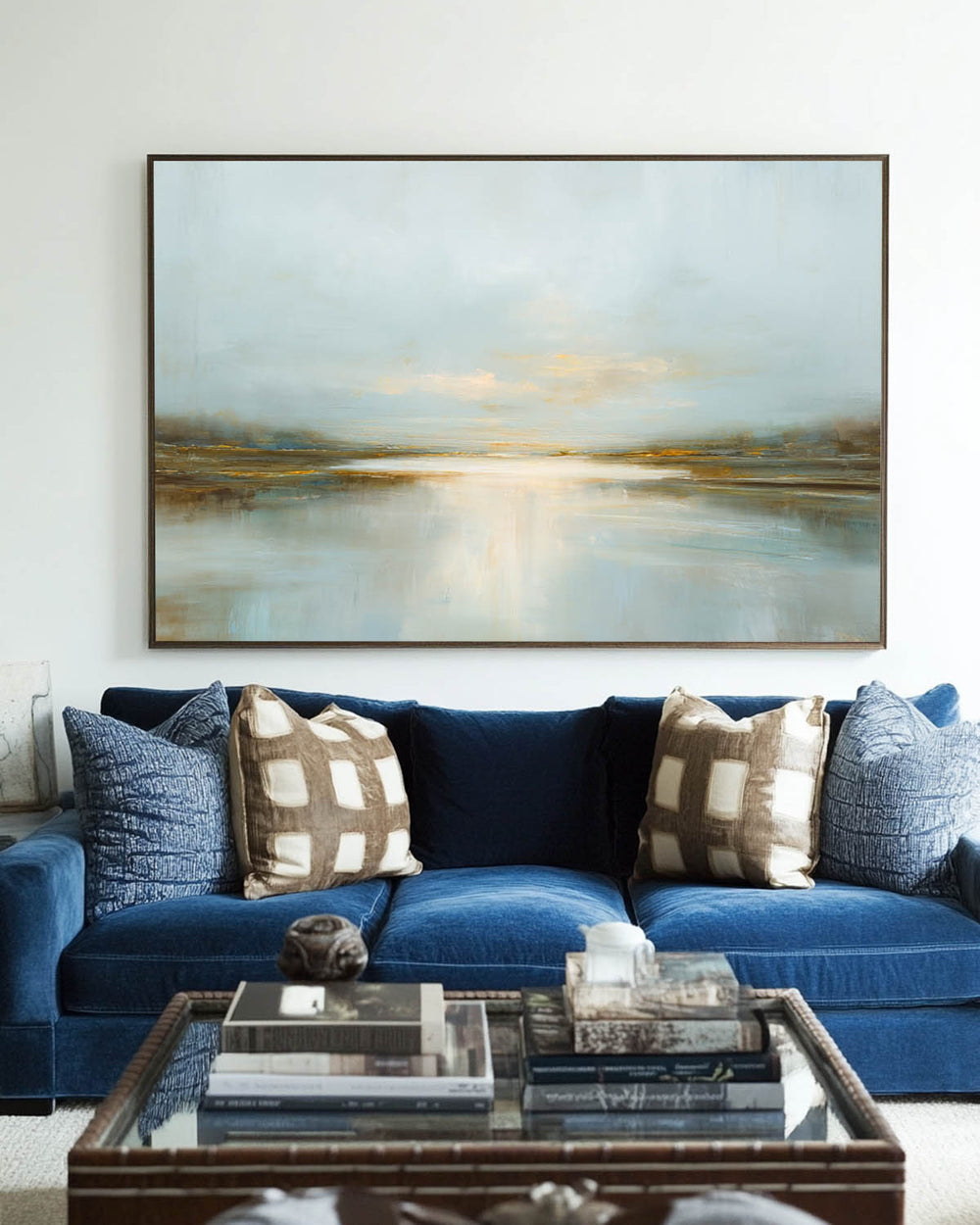 Serene Lake Sunset Oil Painting Neutral Blue and Gold Landscape Wall ...