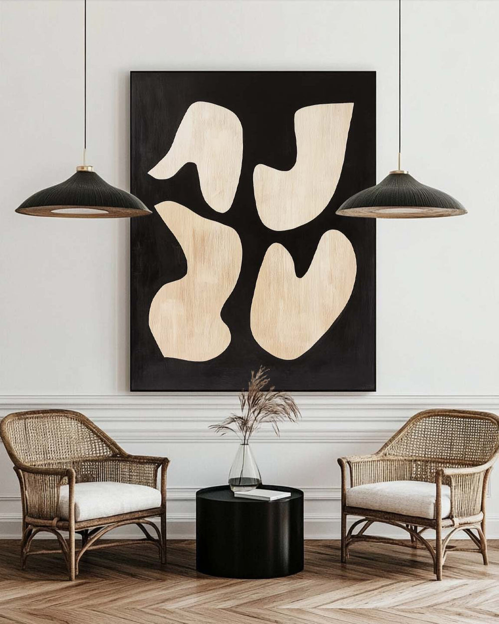 Minimalist Organic Shape Black and Warm Beige Abstract Oil Painting ...