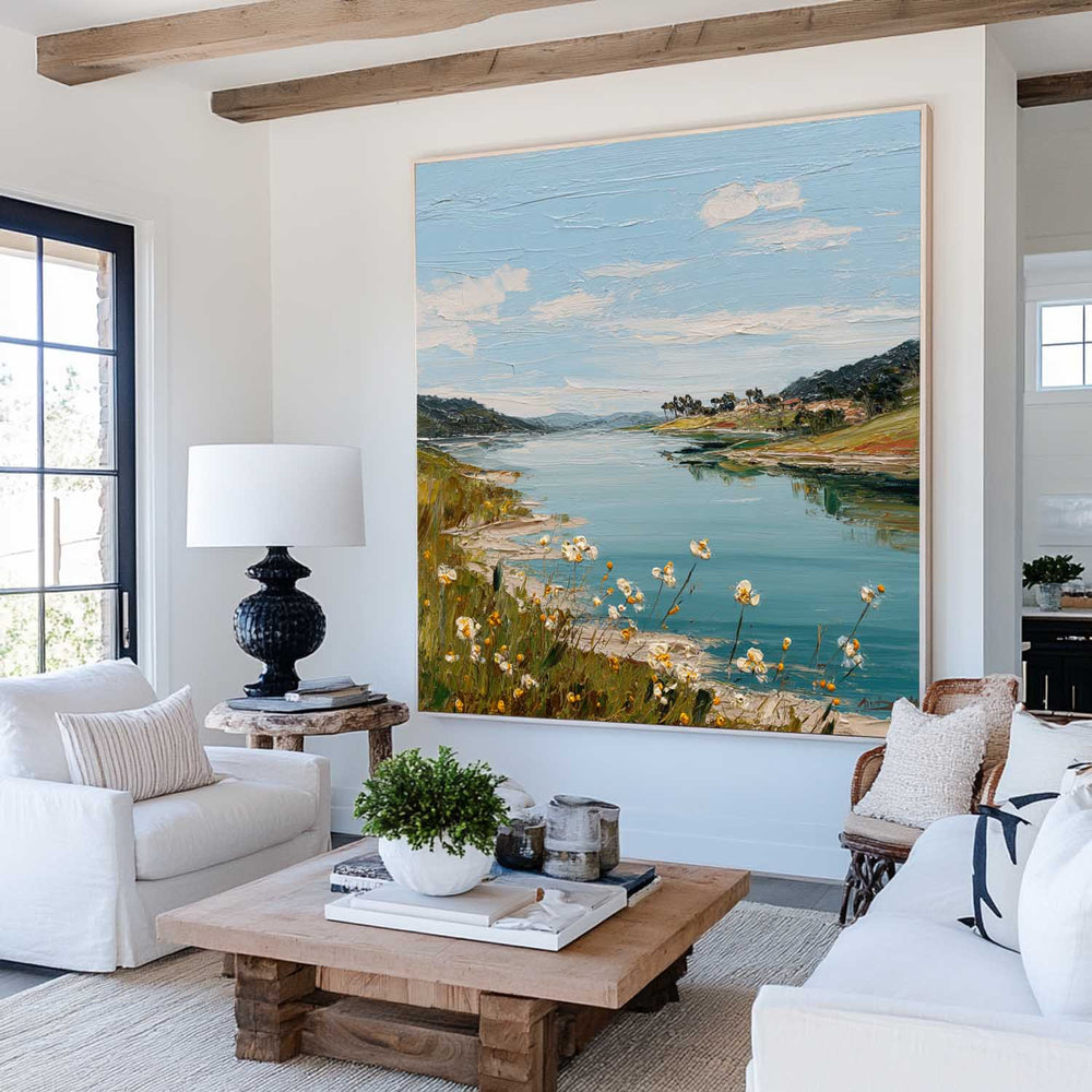 Textured Riverside Landscape Oil Painting Wildflower Wall Art Living ...