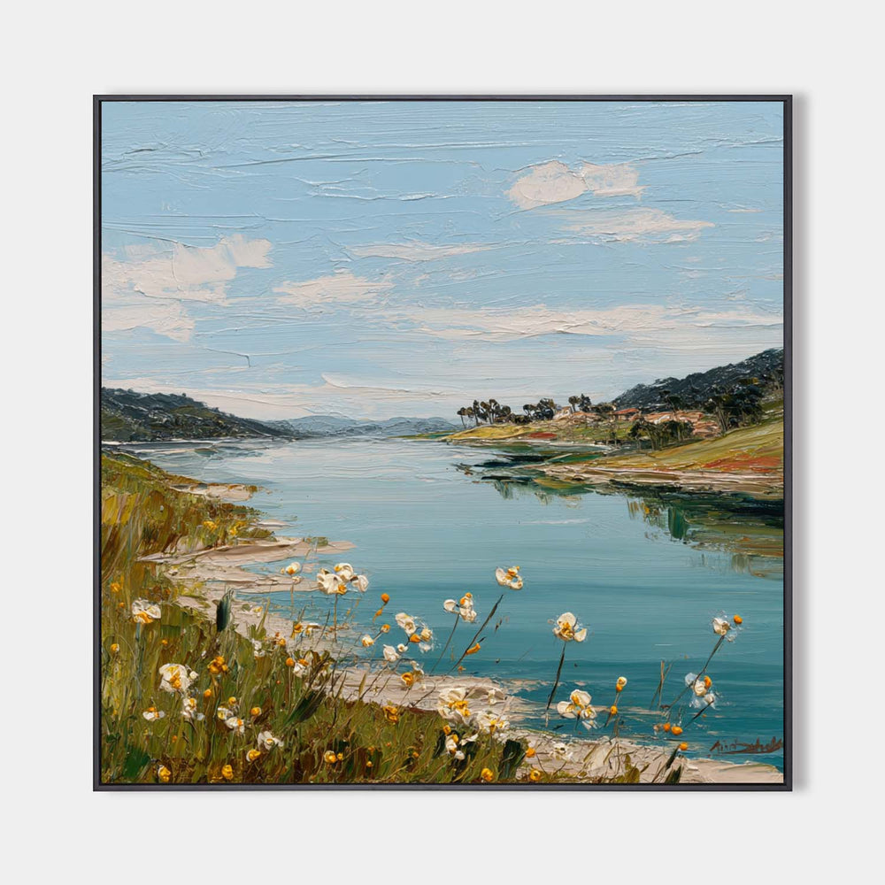 Textured Riverside Landscape Oil Painting Wildflower Wall Art Living ...