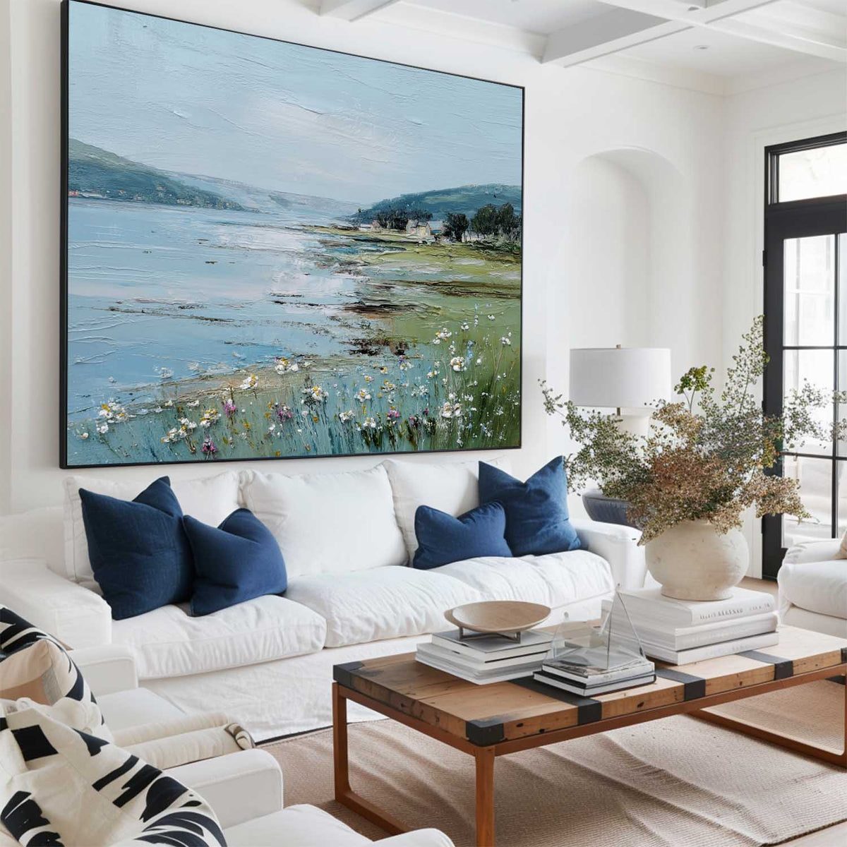 Coastal Wildflower Landscape Oil Painting Serene Bay Village Wall Art ...