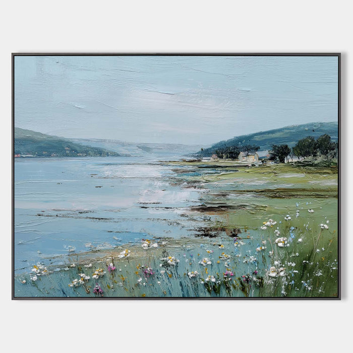 Coastal Wildflower Landscape Oil Painting Serene Bay Village Wall Art ...