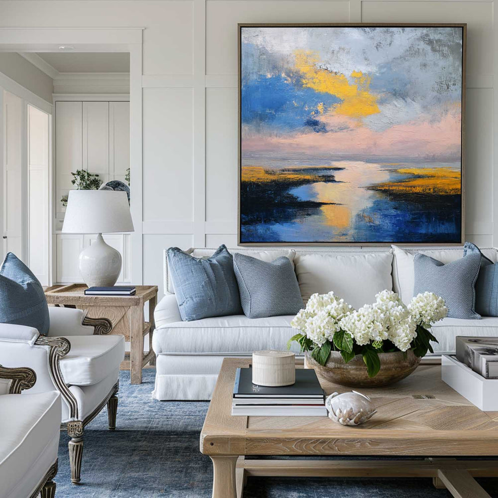 Abstract River Landscape Oil Painting Sunset Sky Wall Art Contemporary ...