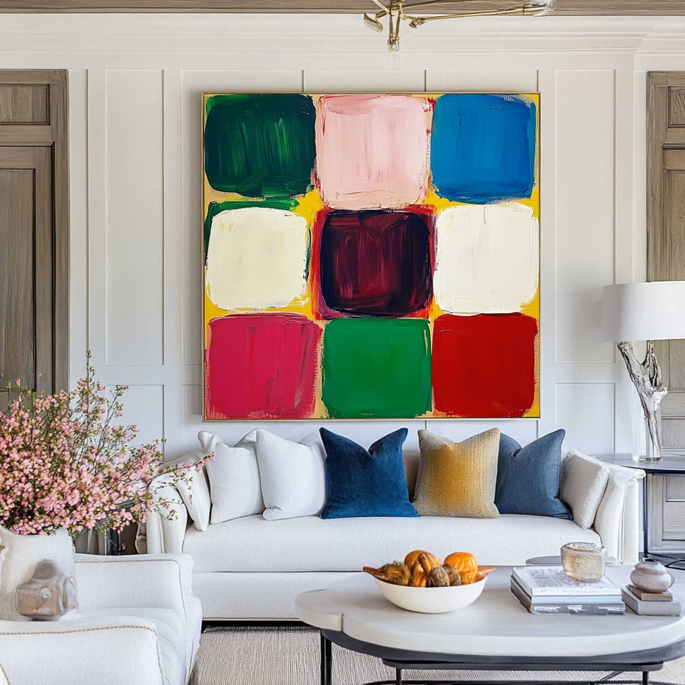 Vibrant Color Block Grid Abstract Expressionist Oil Painting Wall Decor ...