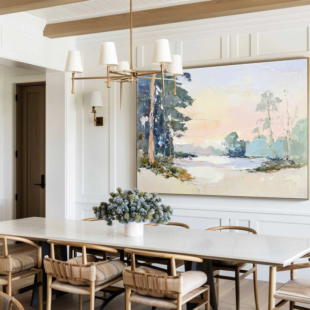 Tranquil Impasto Lakeside Forest Landscape Sunrise Oil Painting Wall ...