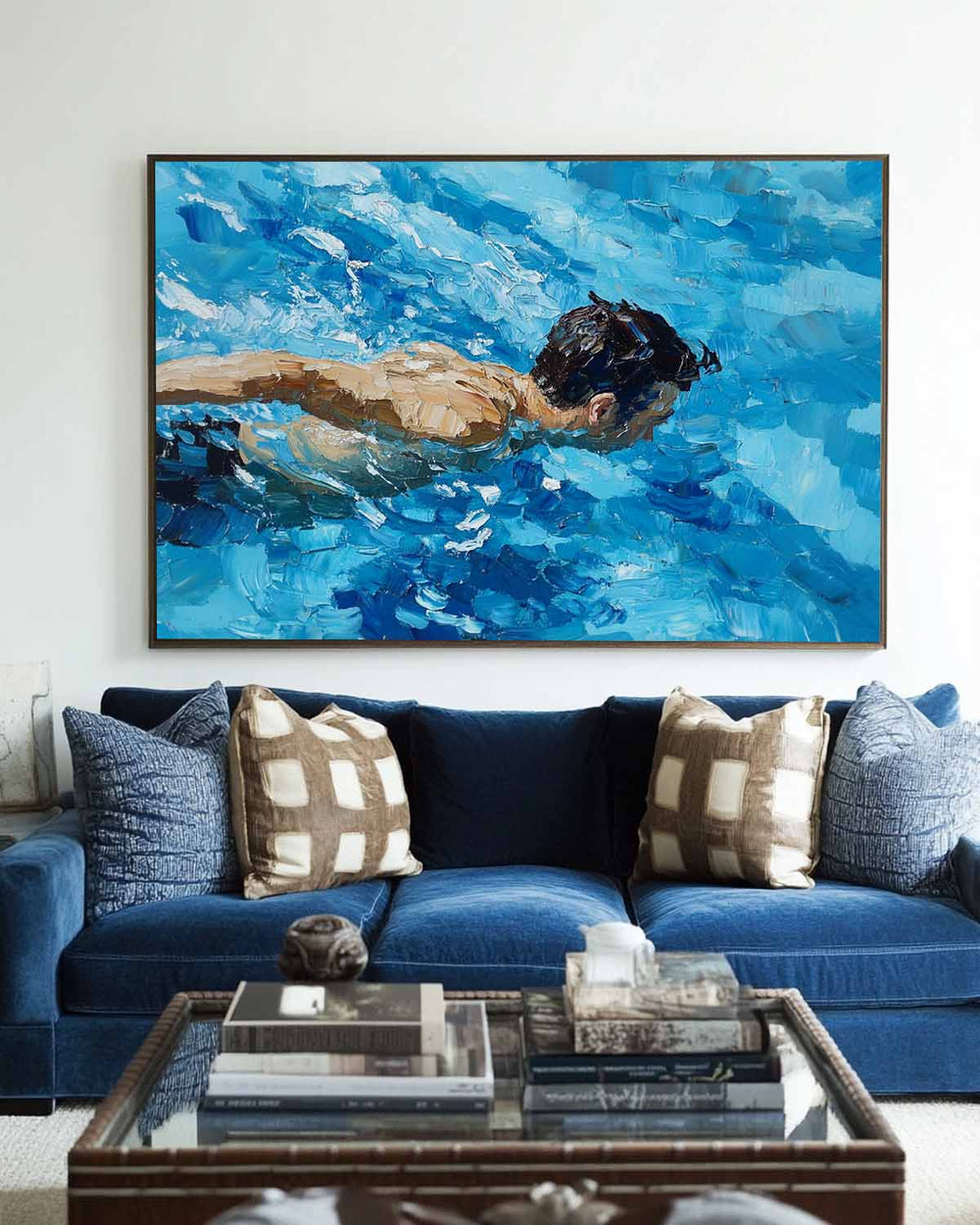 Impasto Swimmer in Vibrant Blue Pool Dynamic Oil Painting Wall Decor ...