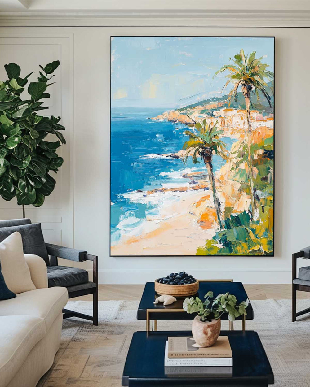 Vibrant Tropical Coastal Palms Ocean Seascape Oil Painting Wall Decor ...