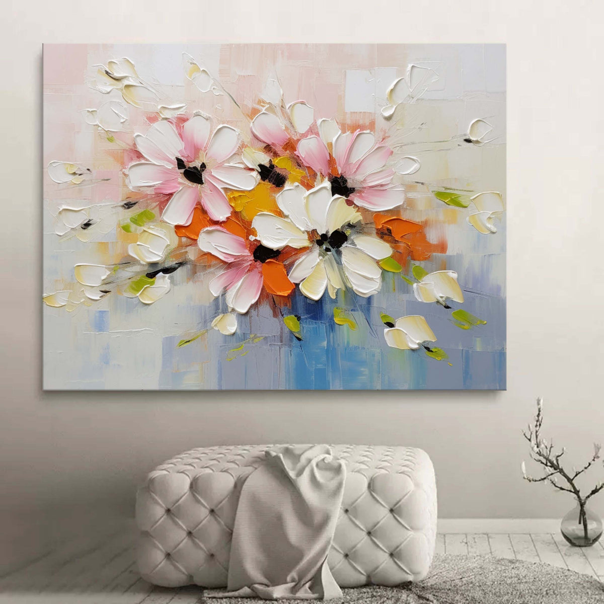 Tactile Impasto Floral Oil Painting Pink Orange Blooms Bright Wall ...