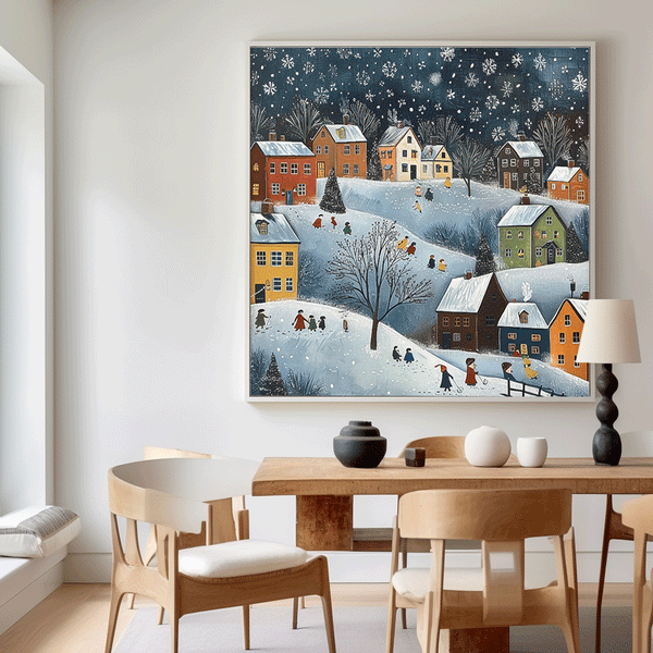 Whimsical Winter Village Folk Art Painting Festive Wall Art Cozy Joyful ...