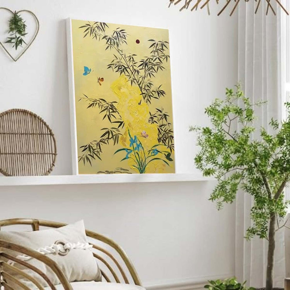 Wall Art Oriental Bamboo Butterfly Floral Painting Texture | Neutralighting