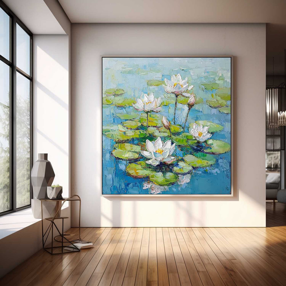 Impasto Water Lily Painting Serene Blue & Green Modern Wall Art ...
