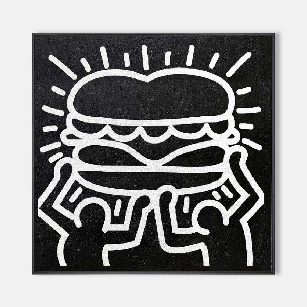 Playful Burger Character Painting Black White Modern Home Decor Wall ...