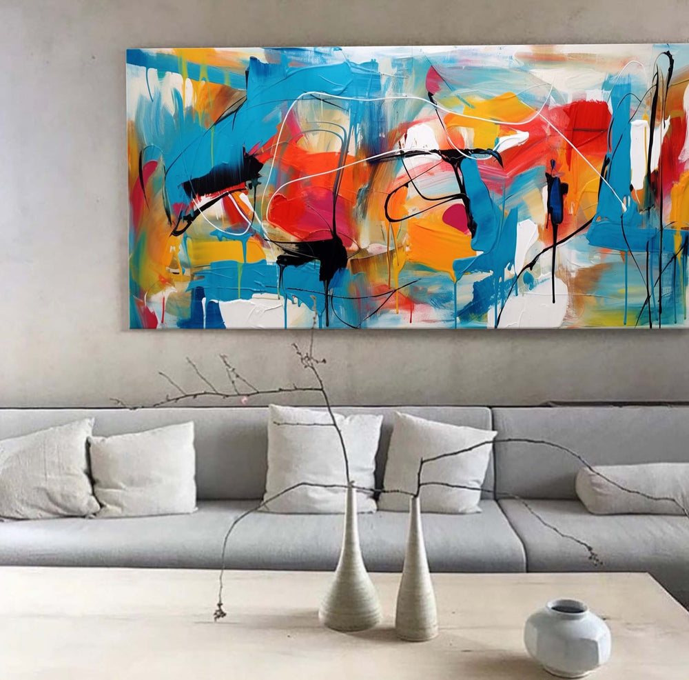 Expressionist Panoramic Painting Vibrant Blue And Orange Modern Wall ...