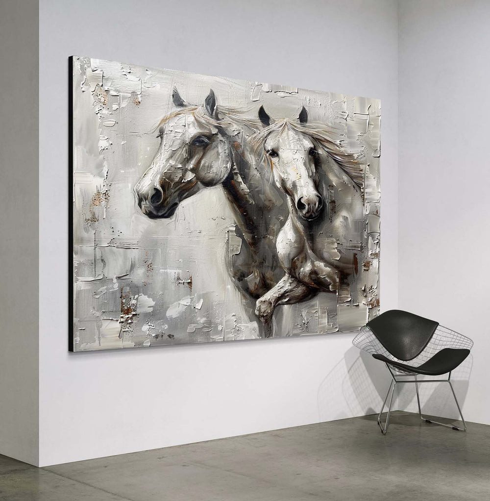 Textured Dual Horse Portrait Oil Painting Depth Modern Wall Decor ...