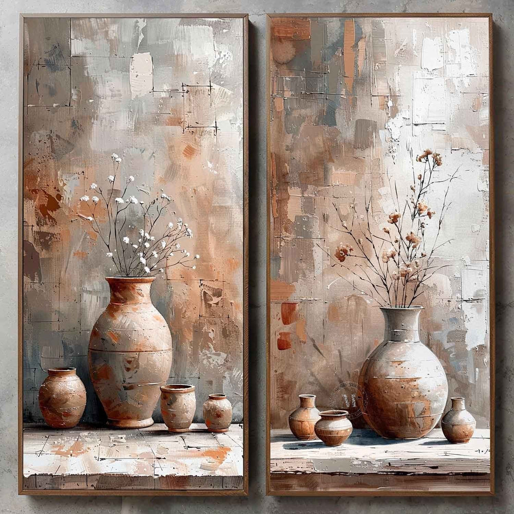 2-Piece Textured Ceramic Vase Still Life Painting Neutral Earth Tone ...