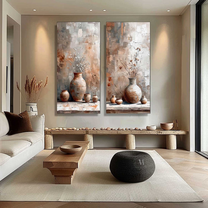 2-Piece Textured Ceramic Vase Still Life Painting Neutral Earth Tone ...