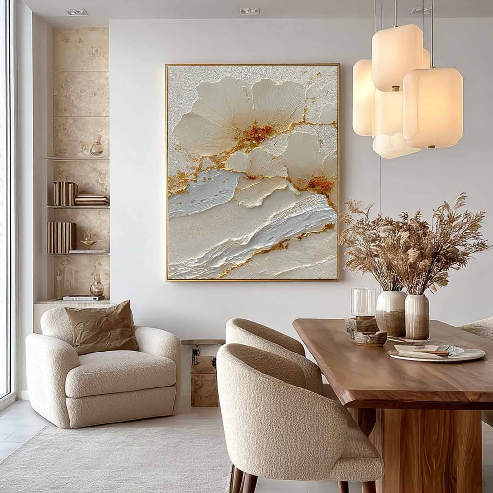 Wall Art Cream Floral Gold Kintsugi Textured Painting Texture ...
