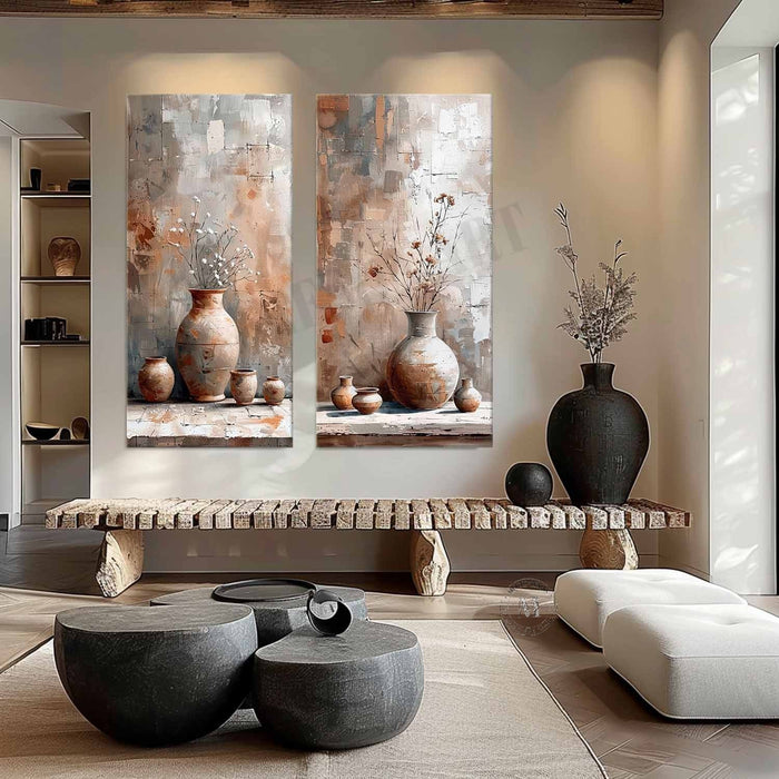 2-Piece Textured Ceramic Vase Still Life Painting Neutral Earth Tone ...