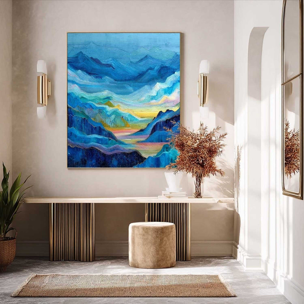 Wall Art Textured Mountain Landscape Oil Painting Blue Canvas Texture ...