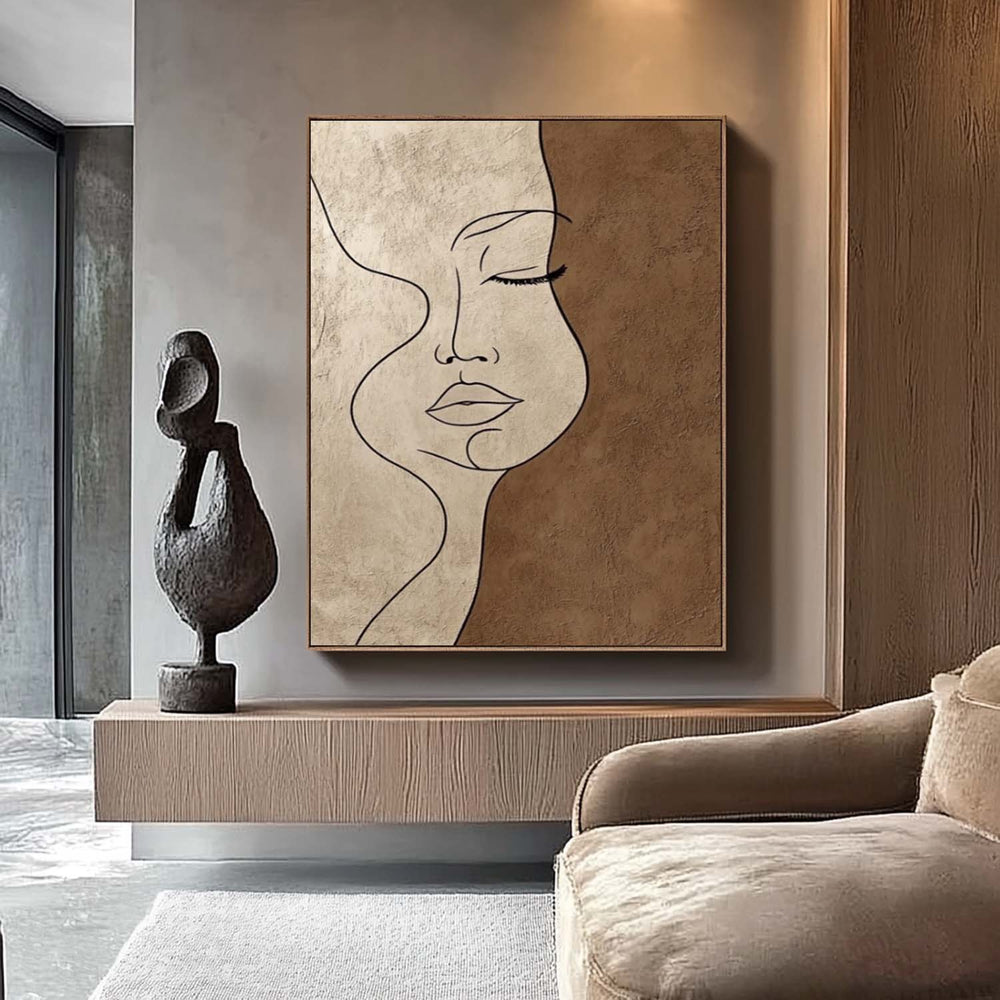 Minimalist One-Line Woman Face Wall Art Neutral Textured Background ...