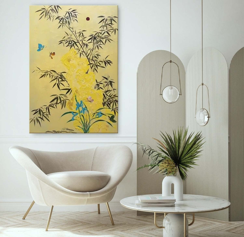 Wall Art Oriental Bamboo Butterfly Floral Painting Texture | Neutralighting
