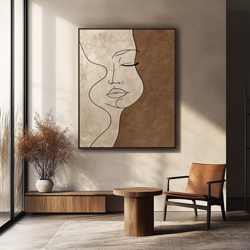 Minimalist One-Line Woman Face Wall Art Neutral Textured Background ...
