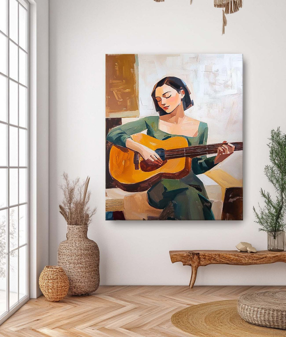 Woman In Green Dress Playing Guitar Oil Painting Wall Decor Bedroom ...