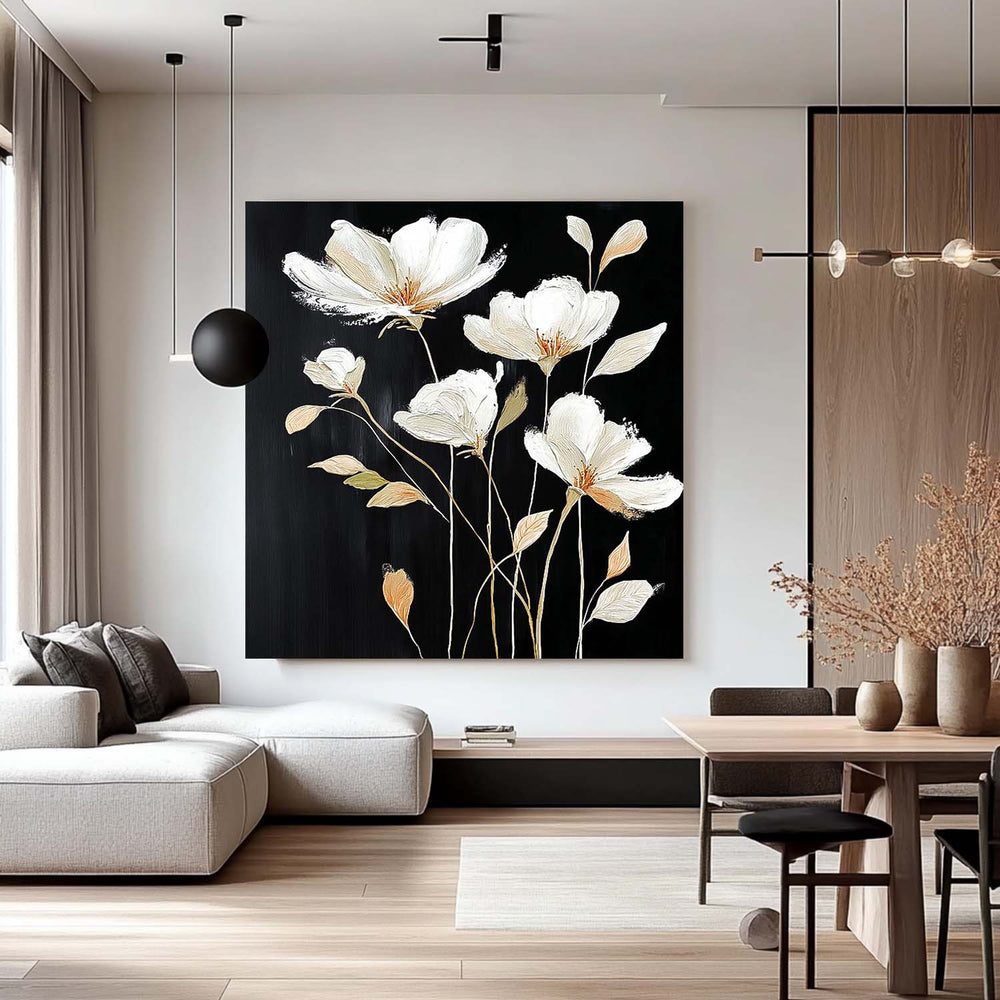 White Wildflower Impasto Oil Painting Black Background Modern Wall Art ...